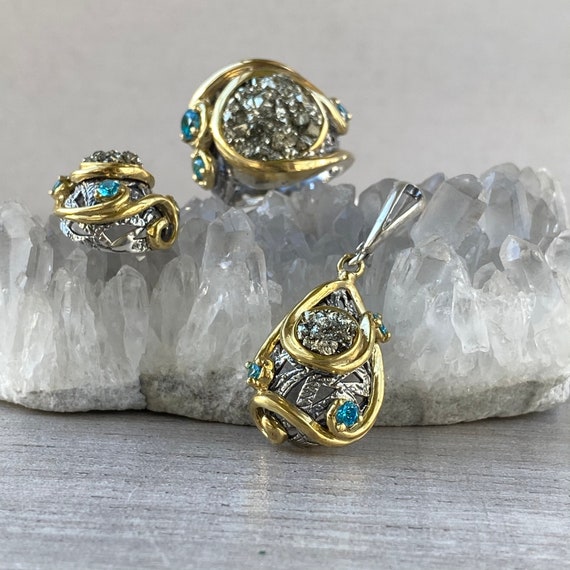 Raw Pyrite Jewelry Set Gold Plated Silver Druzy Pyrite - Etsy
