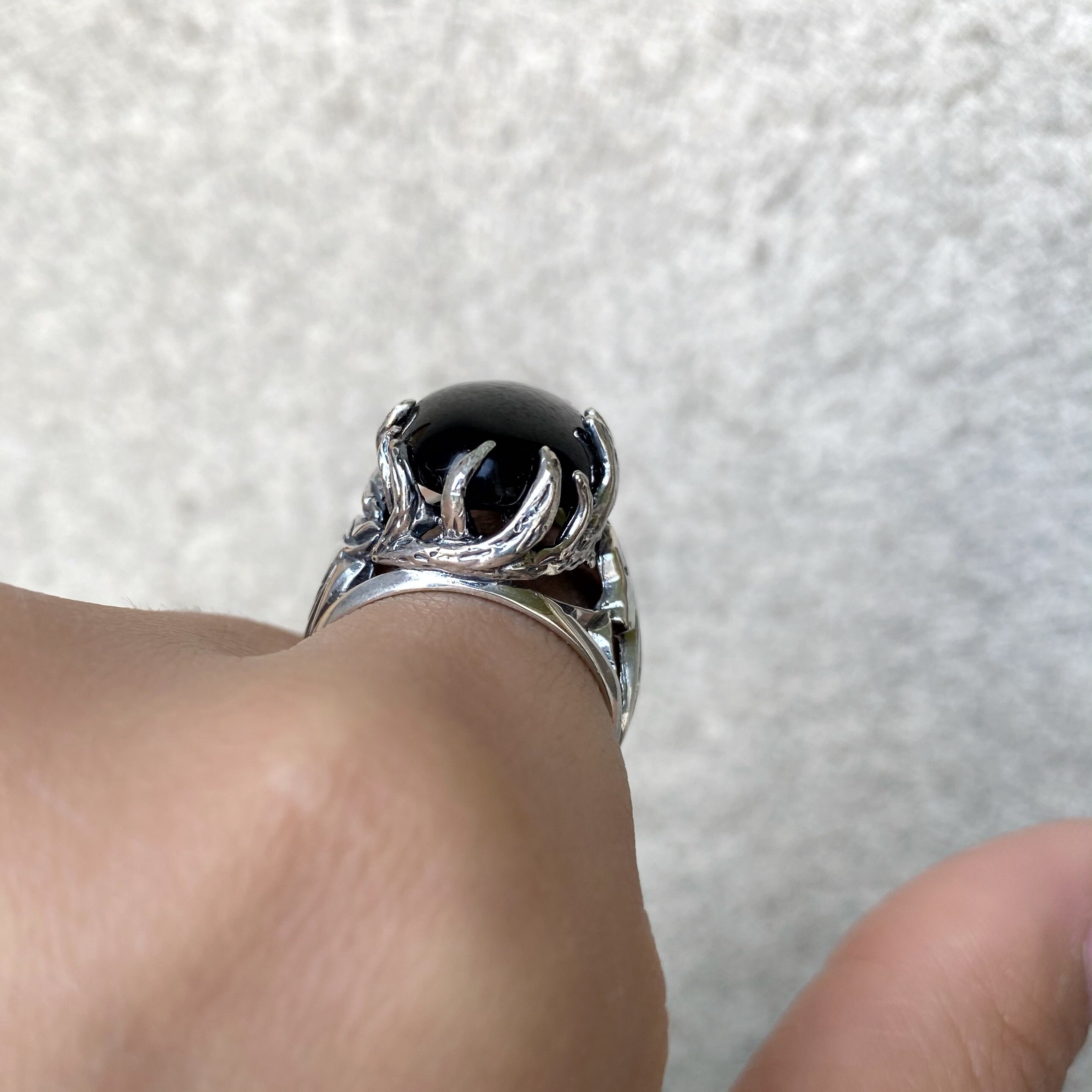 Deer ring solid silver 925 black obsidian ring antler ring | Etsy