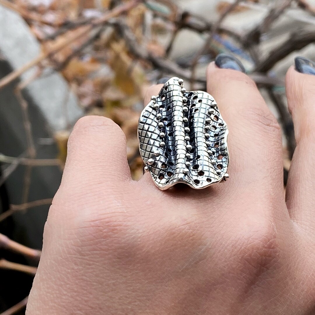 Sterling Silver Round Abstract Geometric Ring, Granulation Ring ...