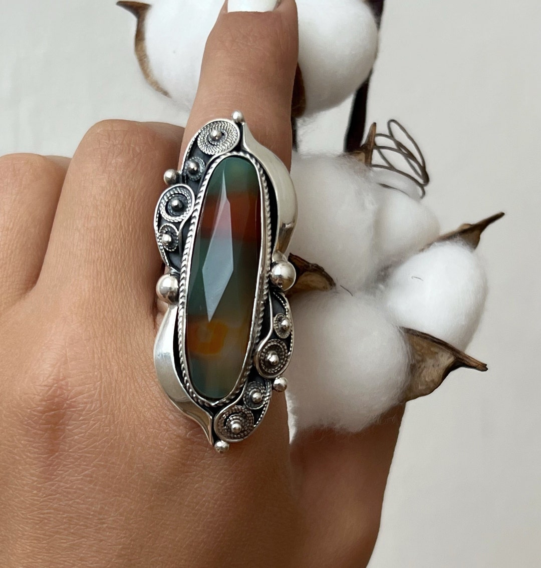 Large Agate Ring Adjustable, Big Stone Ring Sterling Silver, Filigree ...
