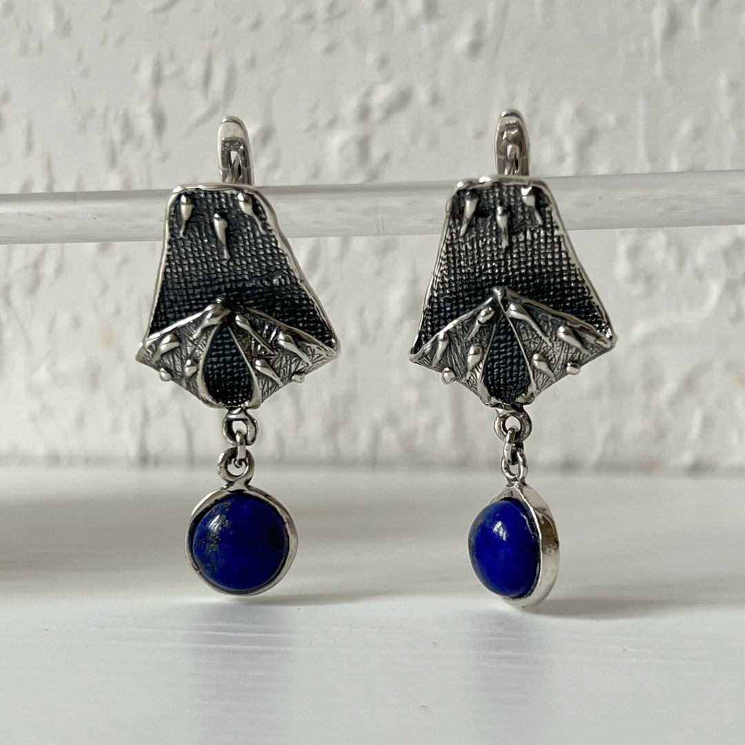 Round Blue Stone Earrings Dangle and Drop, SILVER 925 Textured ...