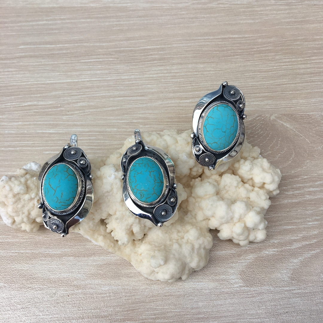 Vintage Oval Turquoise Jewelry Set Silver 925 Antique Solid Turquoise ...