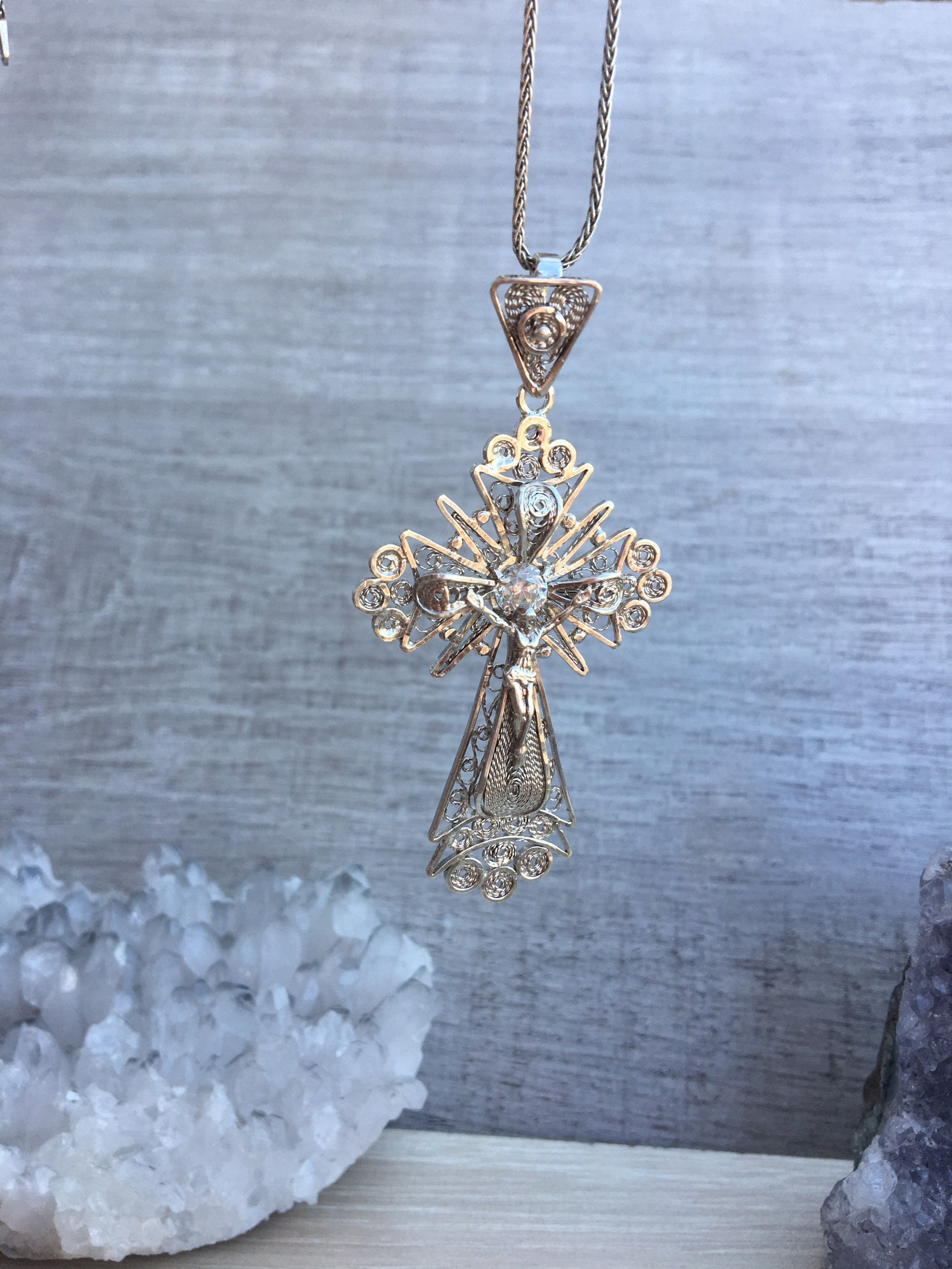 Jesus Silver cross necklace pendant with white zircon crystal | Etsy