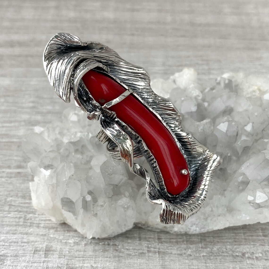 Large Red Coral Ring Adjustable One of a Kind Unique Design - Etsy