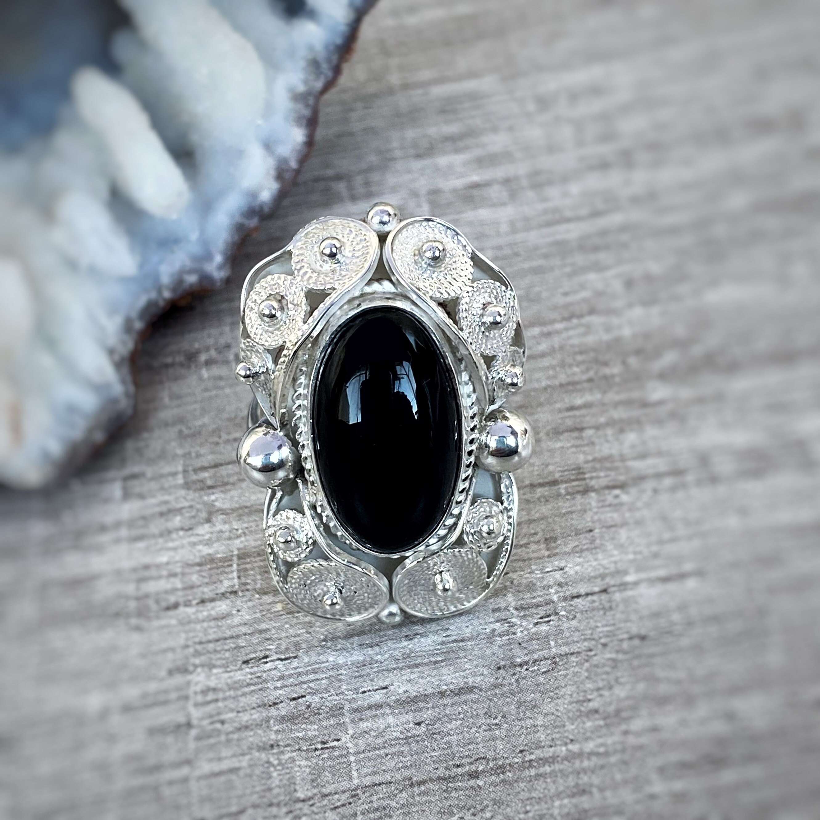 Black obsidian ring sterling silver Victorian ring black | Etsy