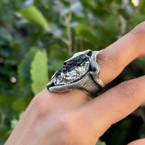 Big Ring Sterling Silver Raw Stone Ring, Wide Band Ring Raw Carborundum ...