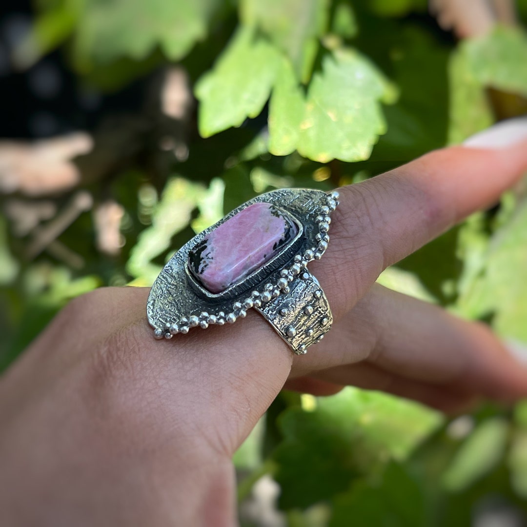 Adjustable Large Ring Granulation, Rectangle Stone Ring With Pink Black ...