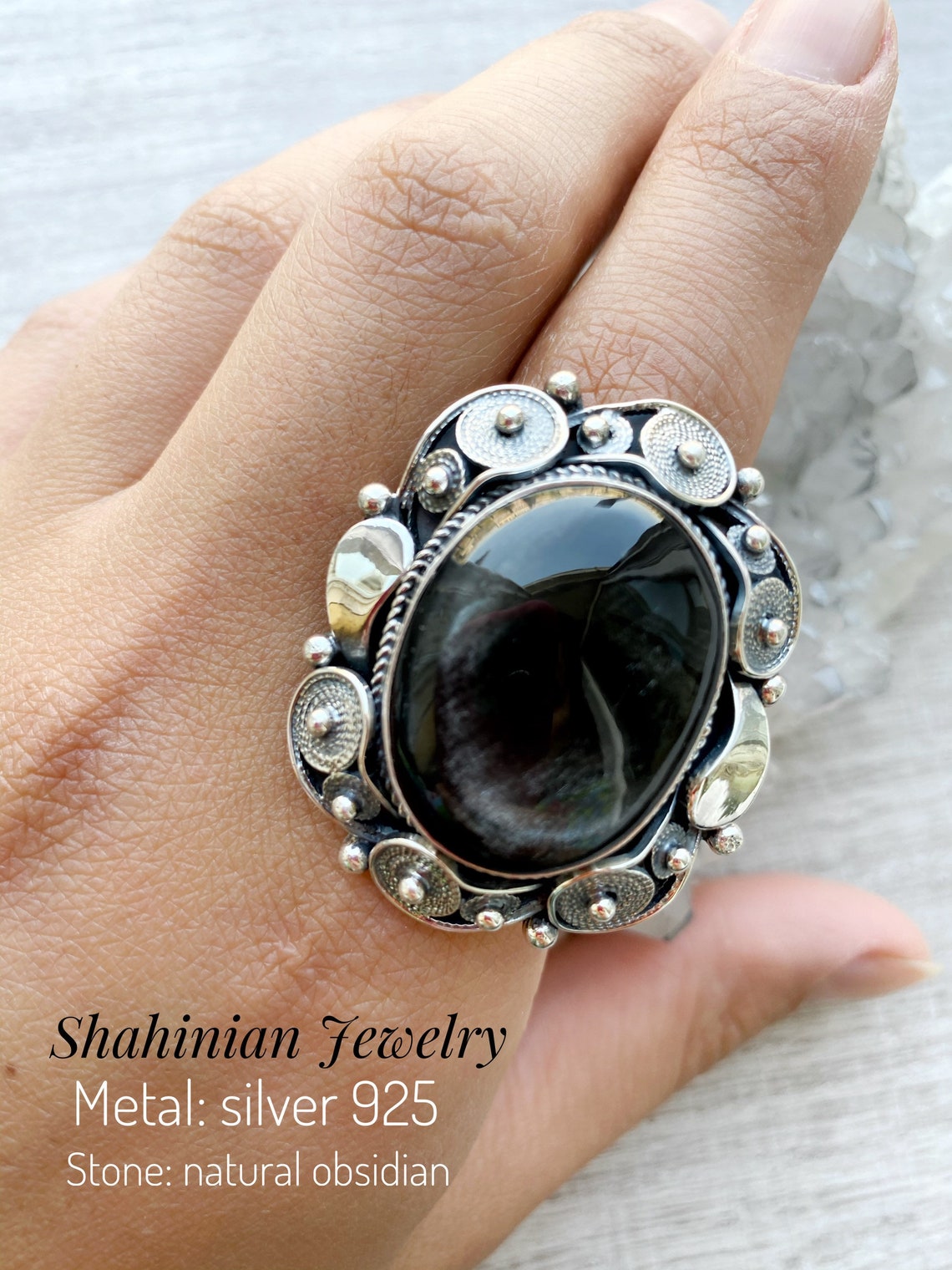 Large Adjustable Obsidian Ring 925 Silver Black Oval Stone - Etsy