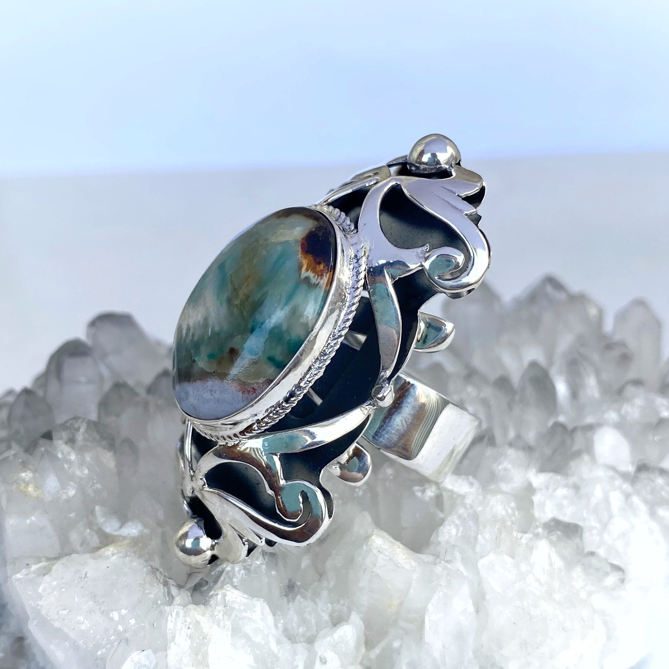 Large agate ring sterling silver Moss agate ring Adjustable | Etsy