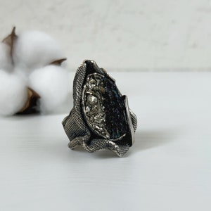 Big Ring Sterling Silver Raw Stone Ring, Wide Band Ring Raw Carborundum ...