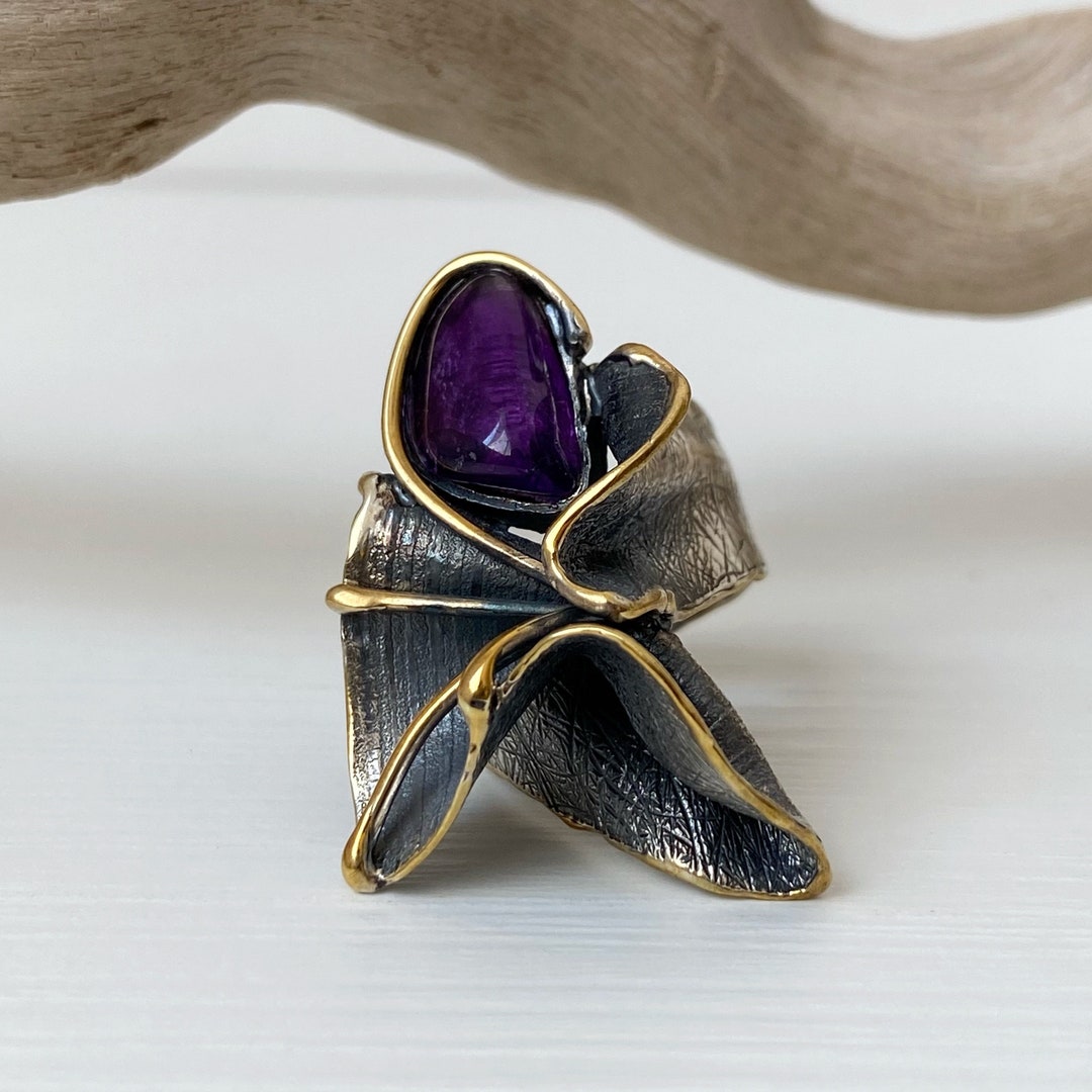 Abstract Ring Sterling Silver 24 K Gold Plated Amethyst Ring, Irregular ...