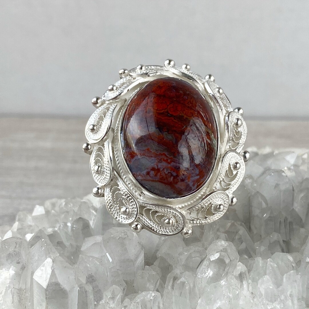 Anillo de ágata grande, anillo de ágata de musgo plata esterlina ...