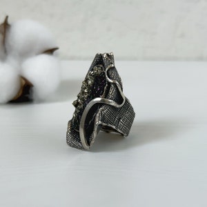 Big Ring Sterling Silver Raw Stone Ring, Wide Band Ring Raw Carborundum ...