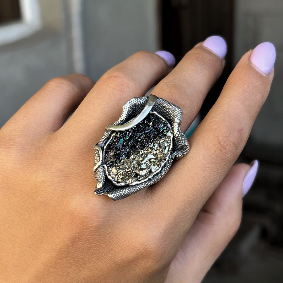 Big Ring Sterling Silver Raw Stone Ring, Wide Band Ring Raw Carborundum ...