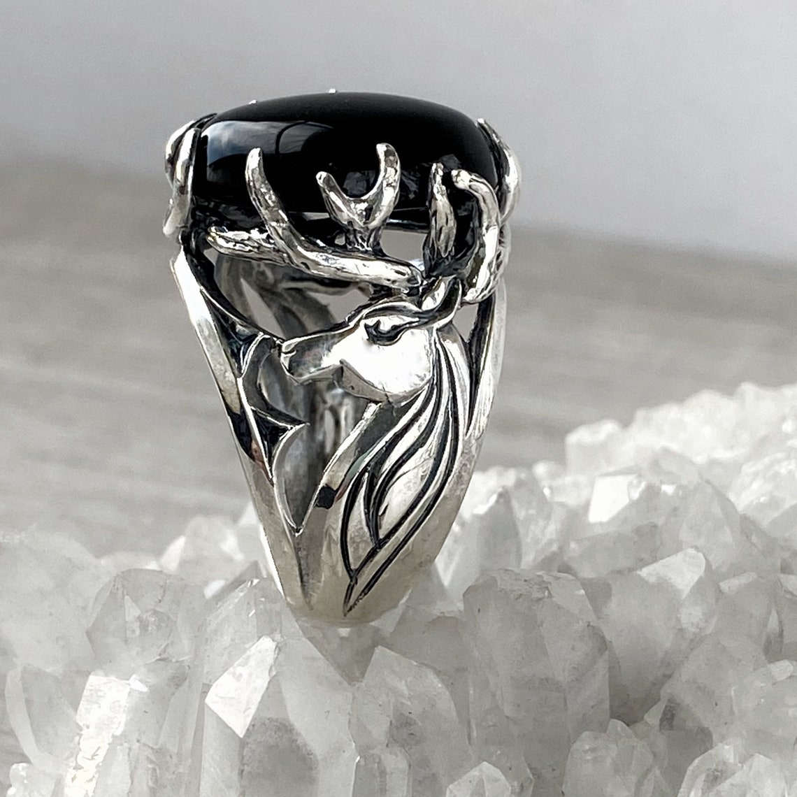 Deer ring solid silver 925 black obsidian ring antler ring | Etsy