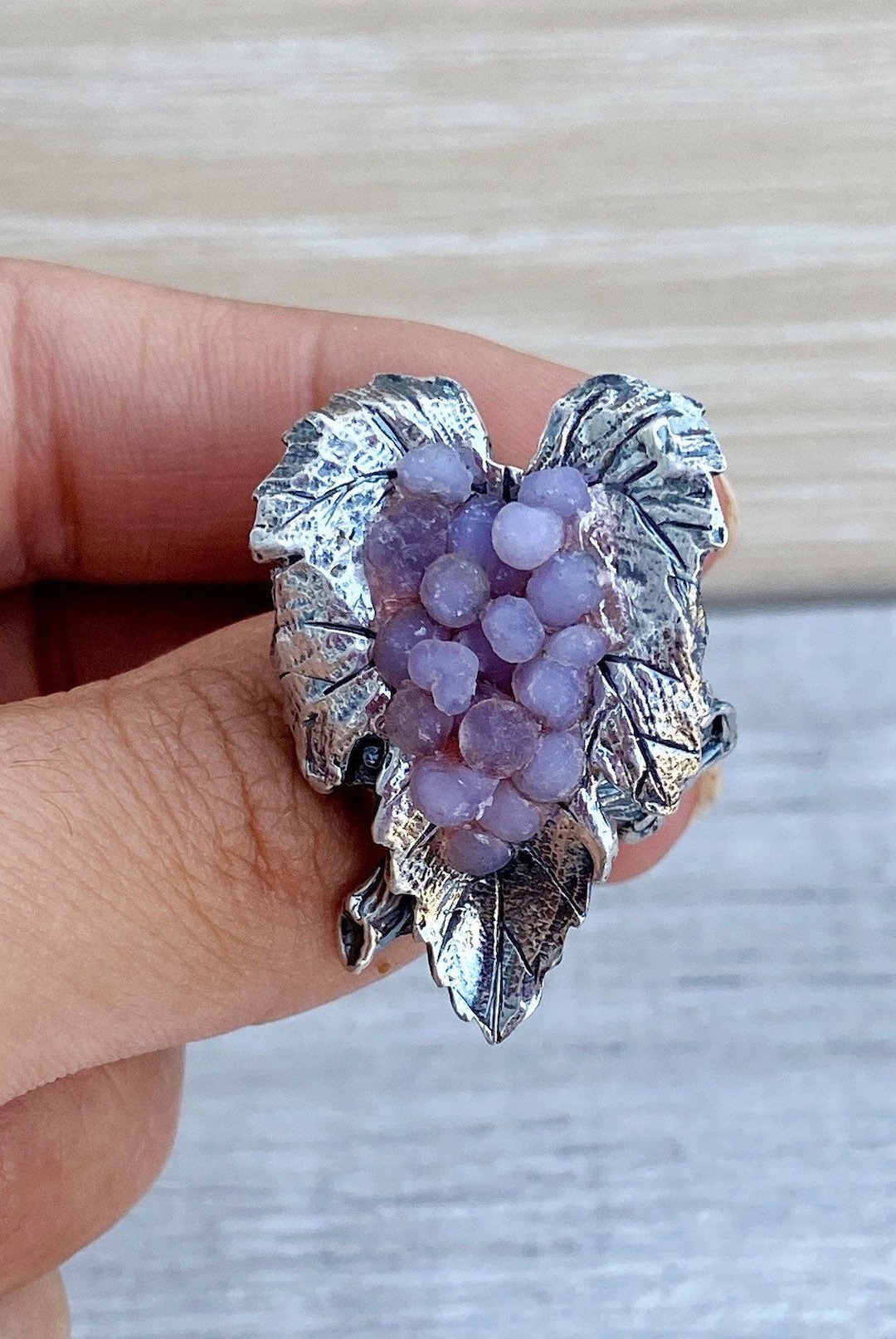 Grape Chalcedony Ring Sterling Silver Purple Raw Stone Ring Leaf Ring ...