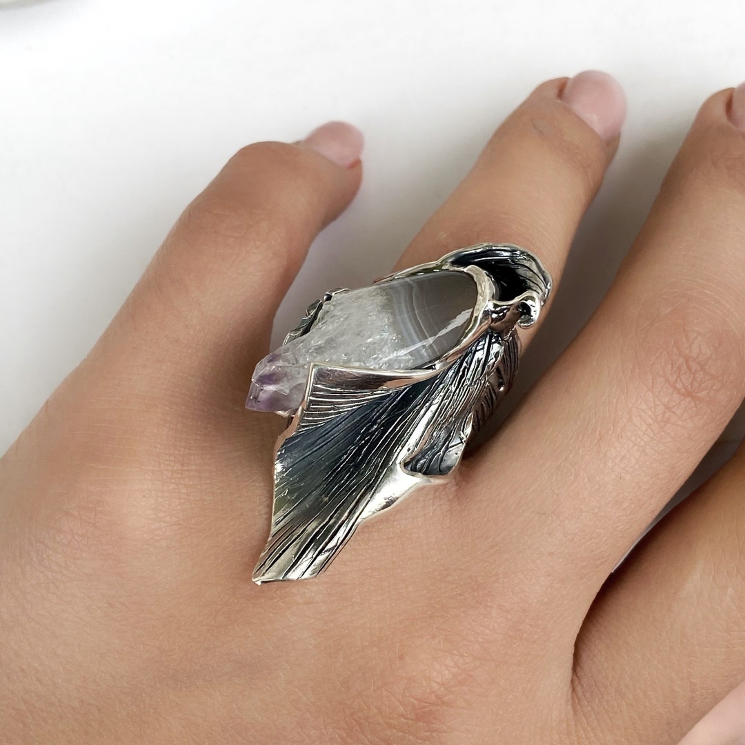 Huge Ring Raw Amethyst Ring and Large Crystal Ring Sterling Silver ...