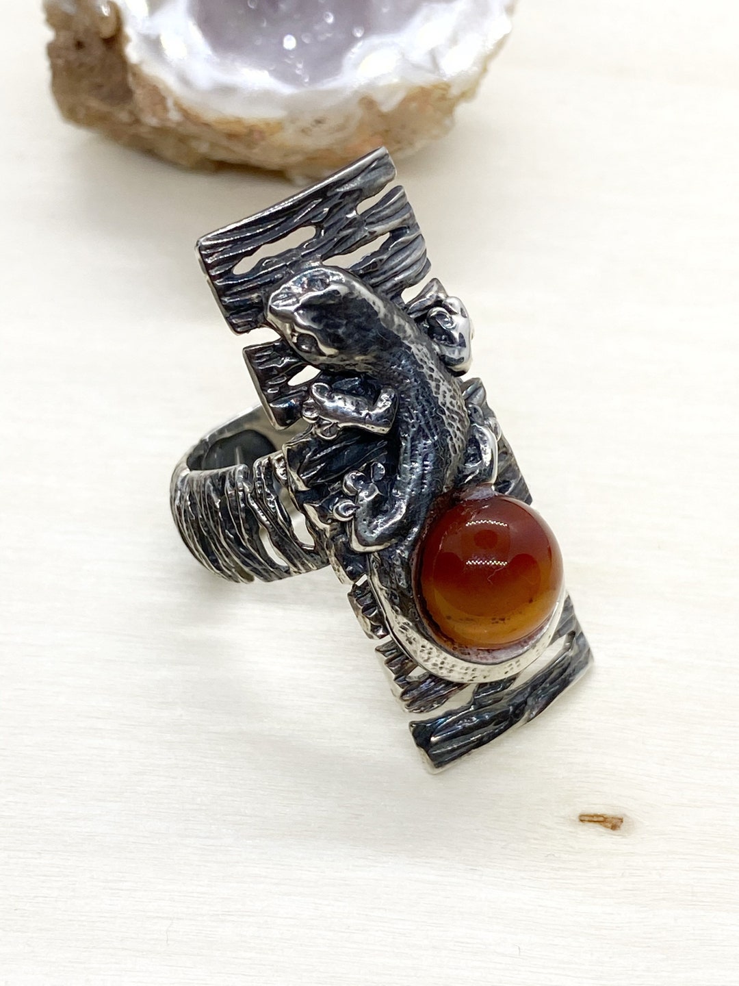 Large Rectangle Gecko Ring Silver With Carnelian Gemstone Lizard Ring ...
