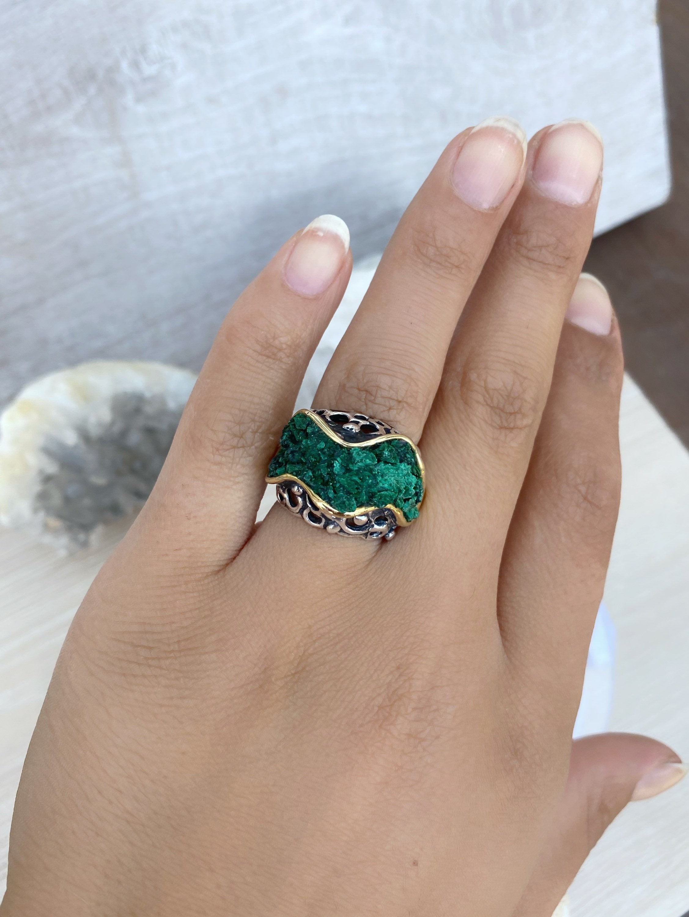 Natural raw malachite ring Sterling silver for women Green | Etsy