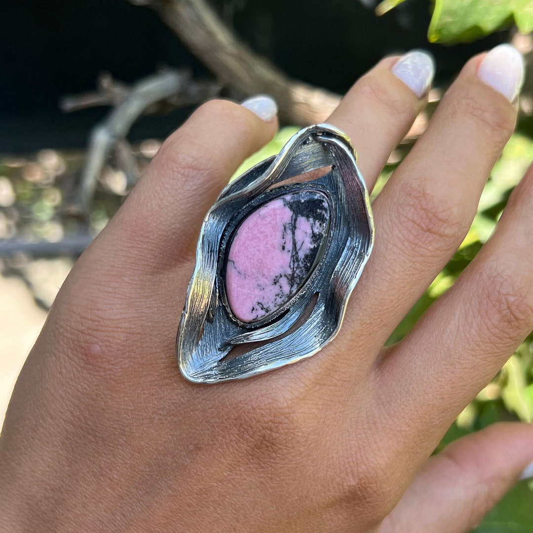Large Ring With Natural Rhodonite Stone, Triangle Gemstone Ring ...