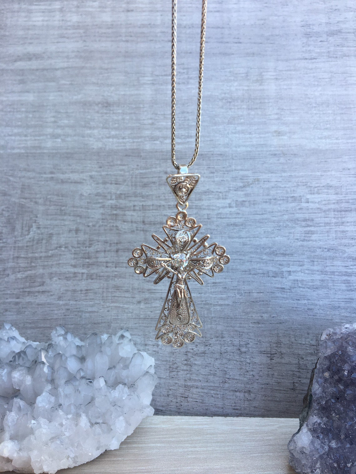 Jesus Silver cross necklace pendant with white zircon crystal | Etsy