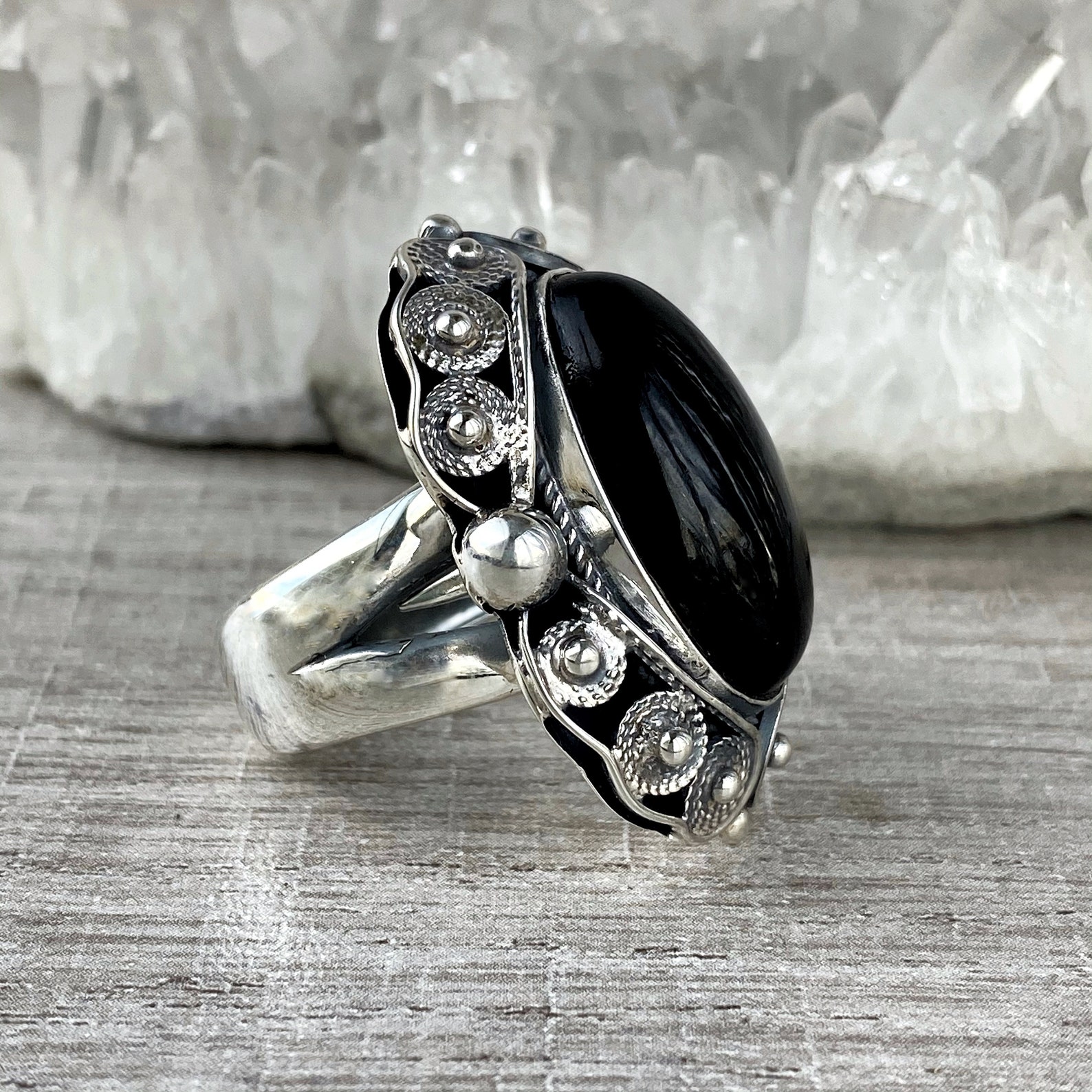 Black Obsidian Ring Adjustable Sterling Silver for Women - Etsy