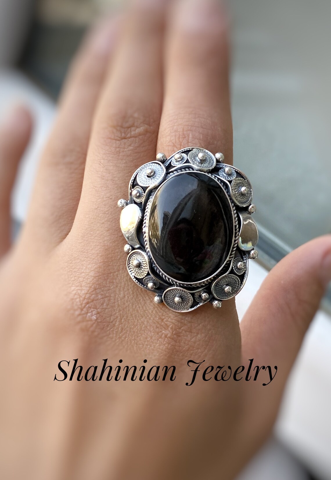 Large Adjustable Obsidian Ring 925 Silver Black Oval Stone - Etsy