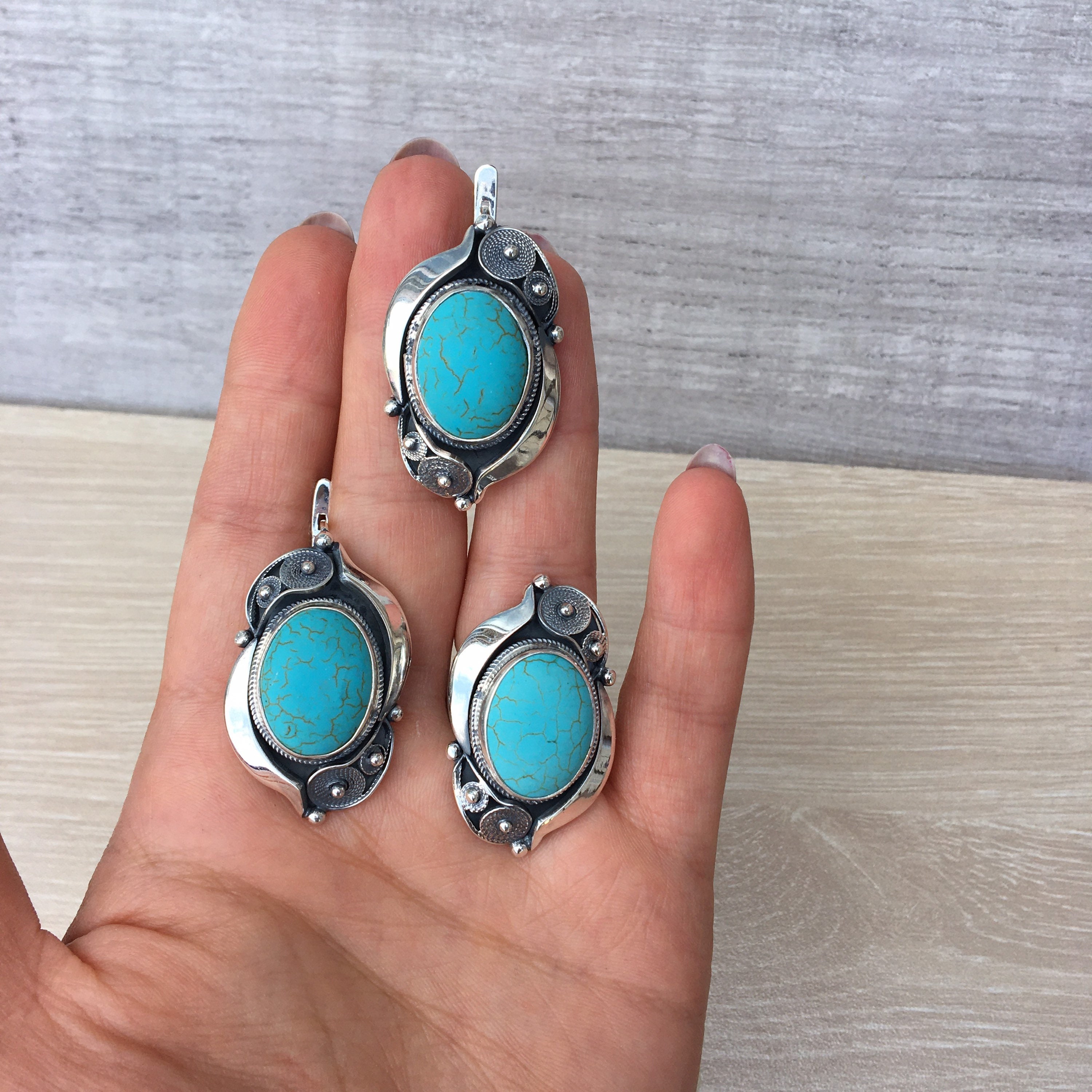 Vintage oval turquoise jewelry set Silver 925 Antique Solid | Etsy
