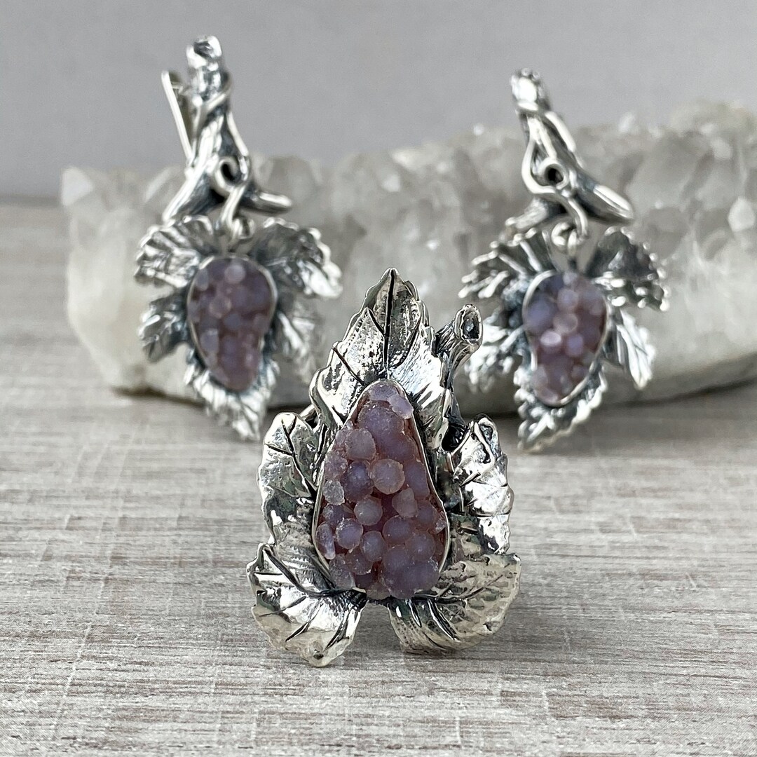 Armenian Symbol Grape Agate Ring Raw Purple Chalcedony Ring Big Leaf ...