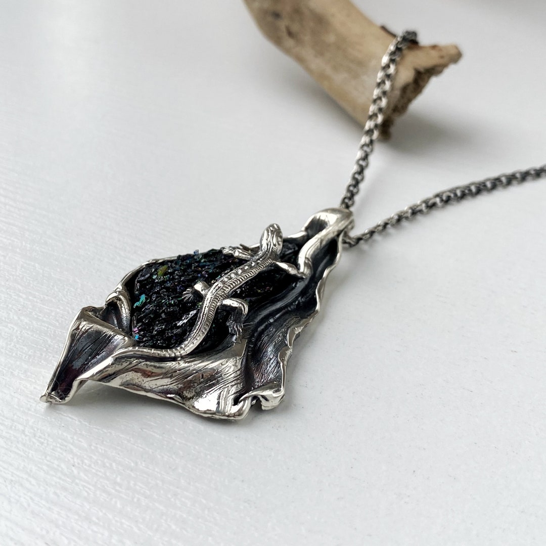 Large Pendant Sterling Silver Lizard Pendant Raw Stone Gemstone Black ...