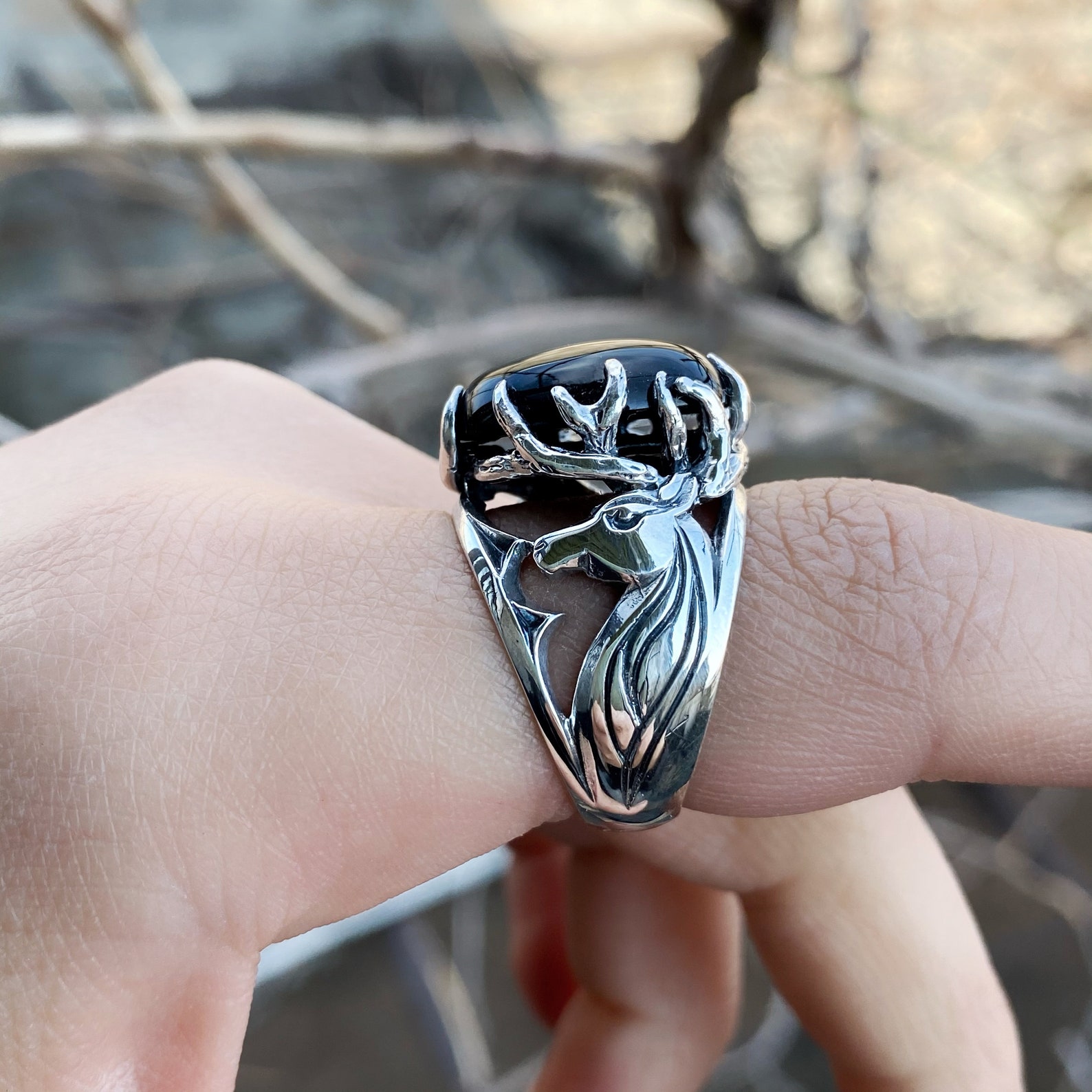 Deer Ring Solid Silver 925 Black Obsidian Ring Antler Ring - Etsy