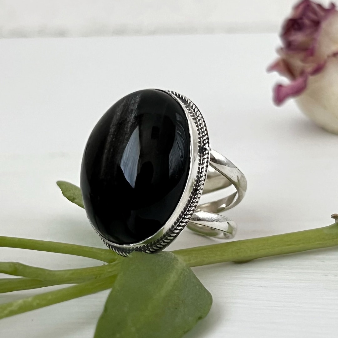 Sterling Silver Black Obsidian Ring, Adjustable Band, Oval Gemstone ...