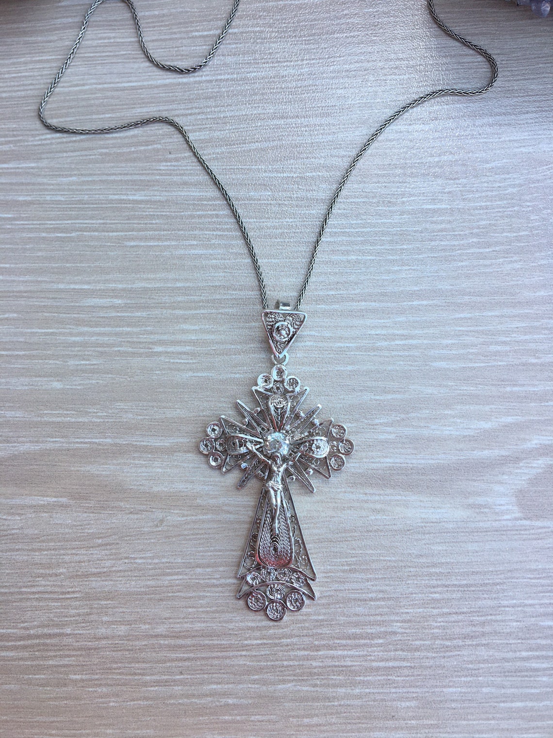 Jesus Silver cross necklace pendant with white zircon crystal | Etsy