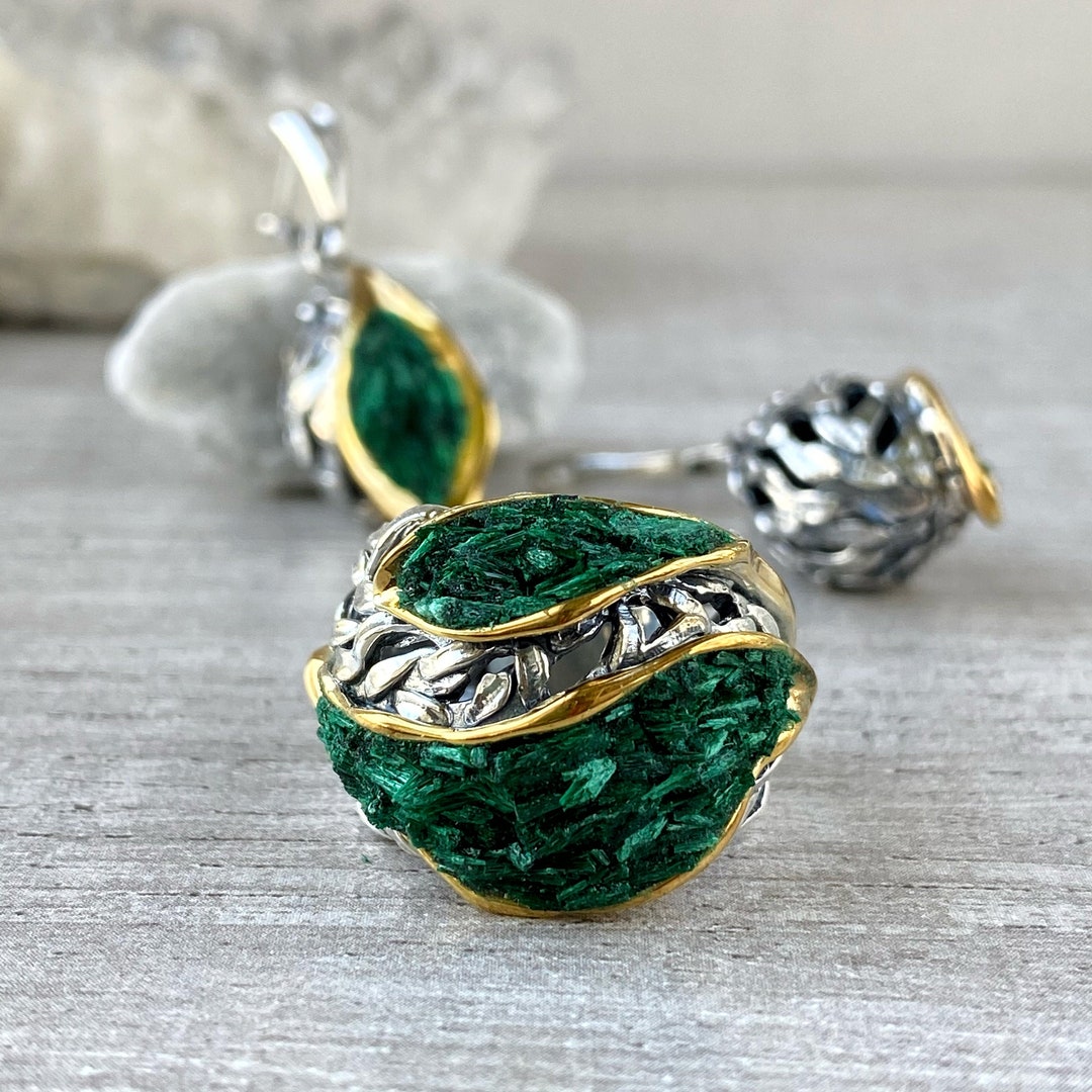 Raw Malachite Ring Gold Plated Sterling Silver, Raw Stone Ring, Green ...