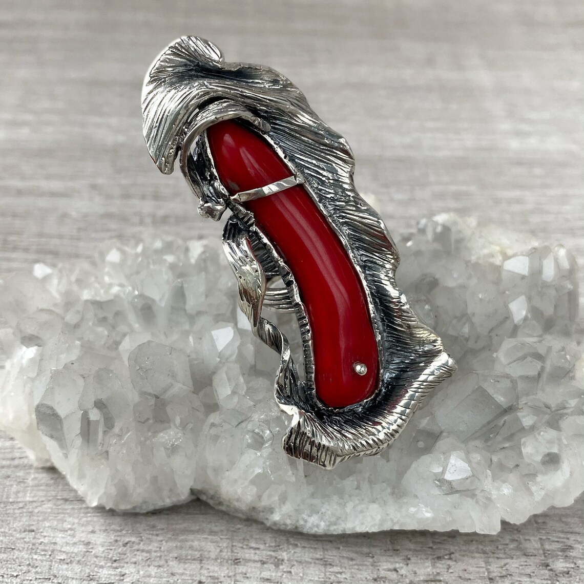 Large Red Coral Ring Adjustable One of a Kind Unique Design - Etsy