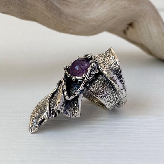 Large Ring Abstract Sterling Silver Amethyst Ring Irregular - Etsy