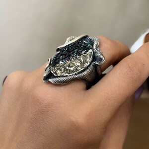 Big Ring Sterling Silver Raw Stone Ring, Wide Band Ring Raw Carborundum ...