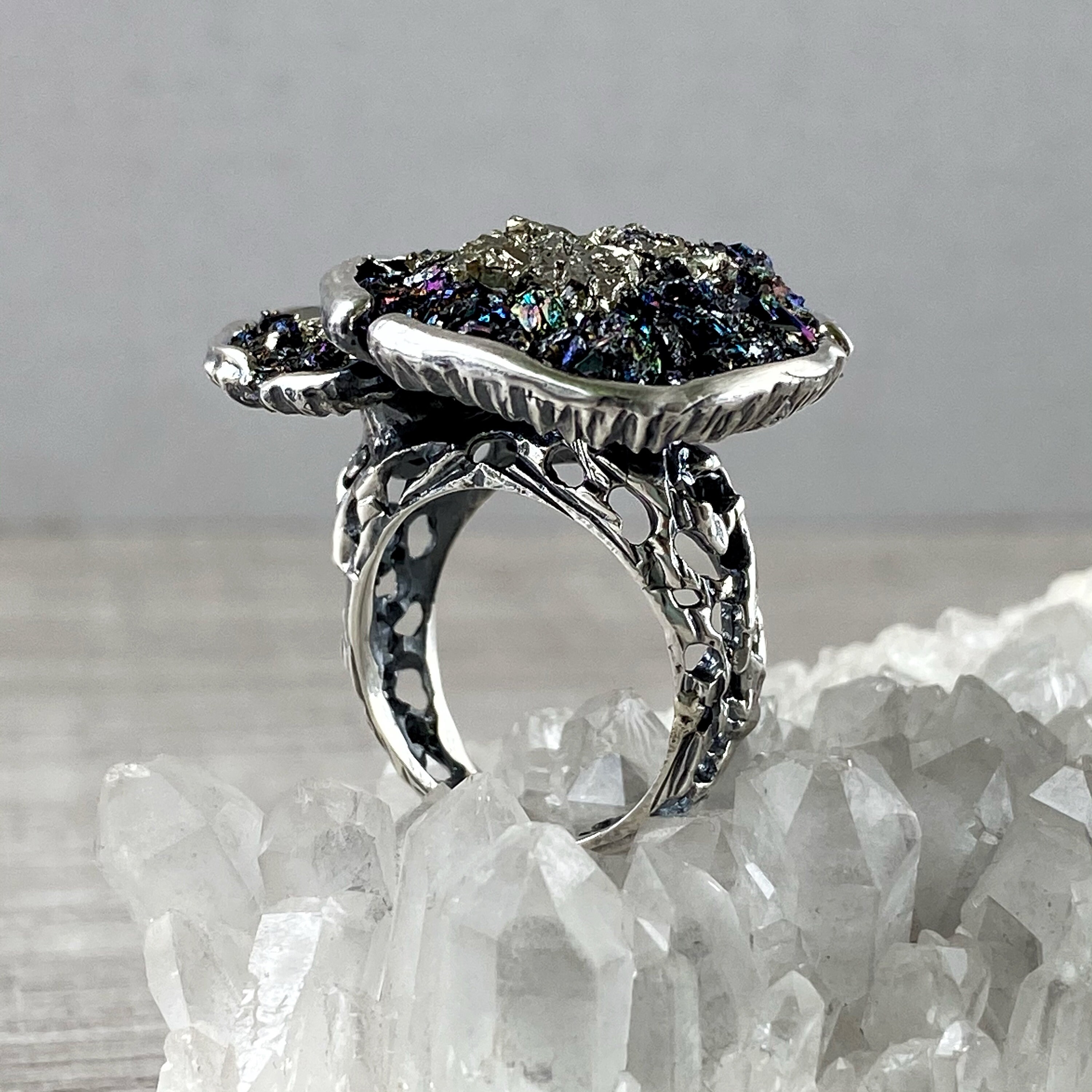 Mushroom ring sterling silver Druzy pyrite gemstone ring and | Etsy