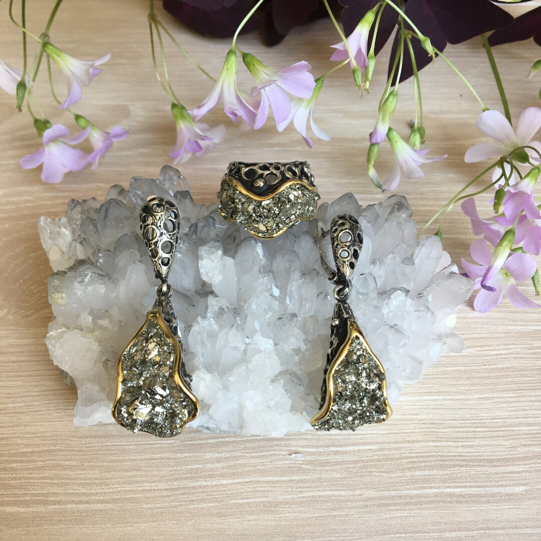 Raw Pyrite Silver Jewelry Sets for Women Pyrite Crystal Ring, Pyrite ...