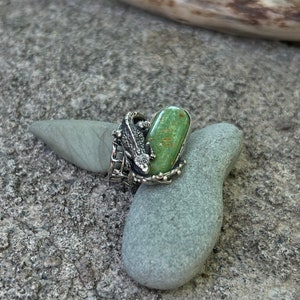 Large Gecko Ring With Turquoise, Green Gemstone Ring, Mesh Wide Band ...