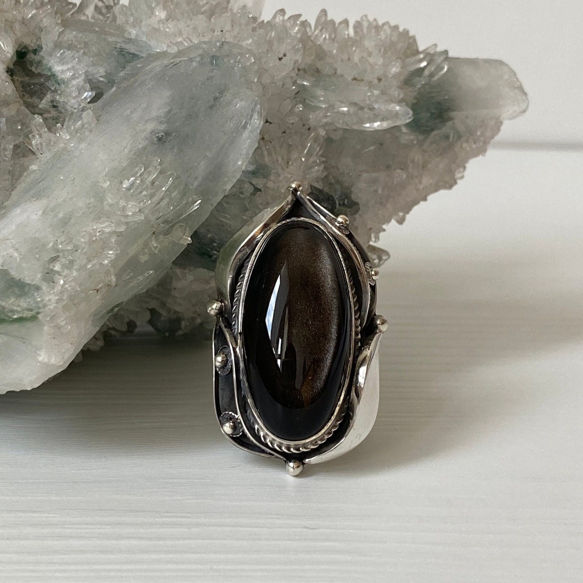 Sterling Silver Black Obsidian Ring Women Adjustable Ring - Etsy