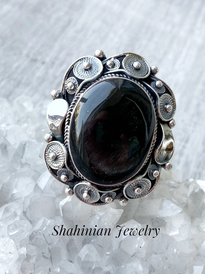 Large Adjustable Obsidian Ring 925 Silver Black Oval Stone - Etsy