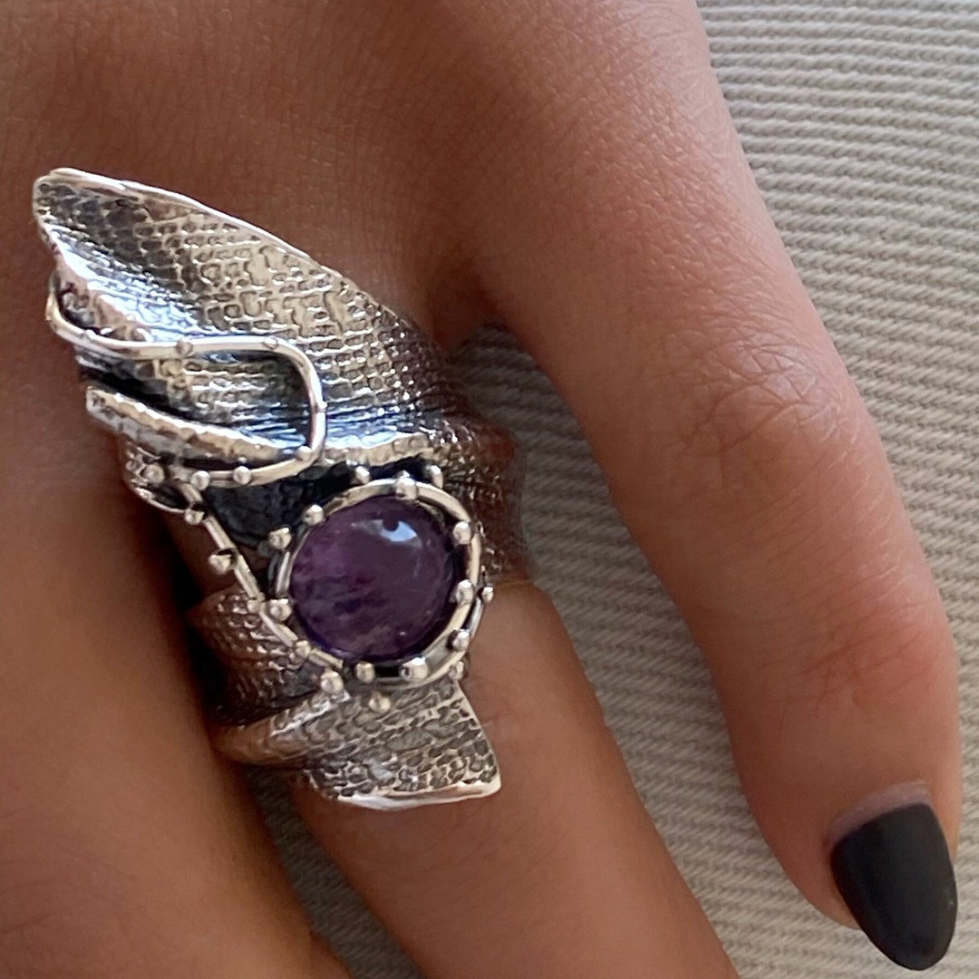 Large Ring Abstract Sterling Silver Amethyst Ring, Irregular Shape Ring ...