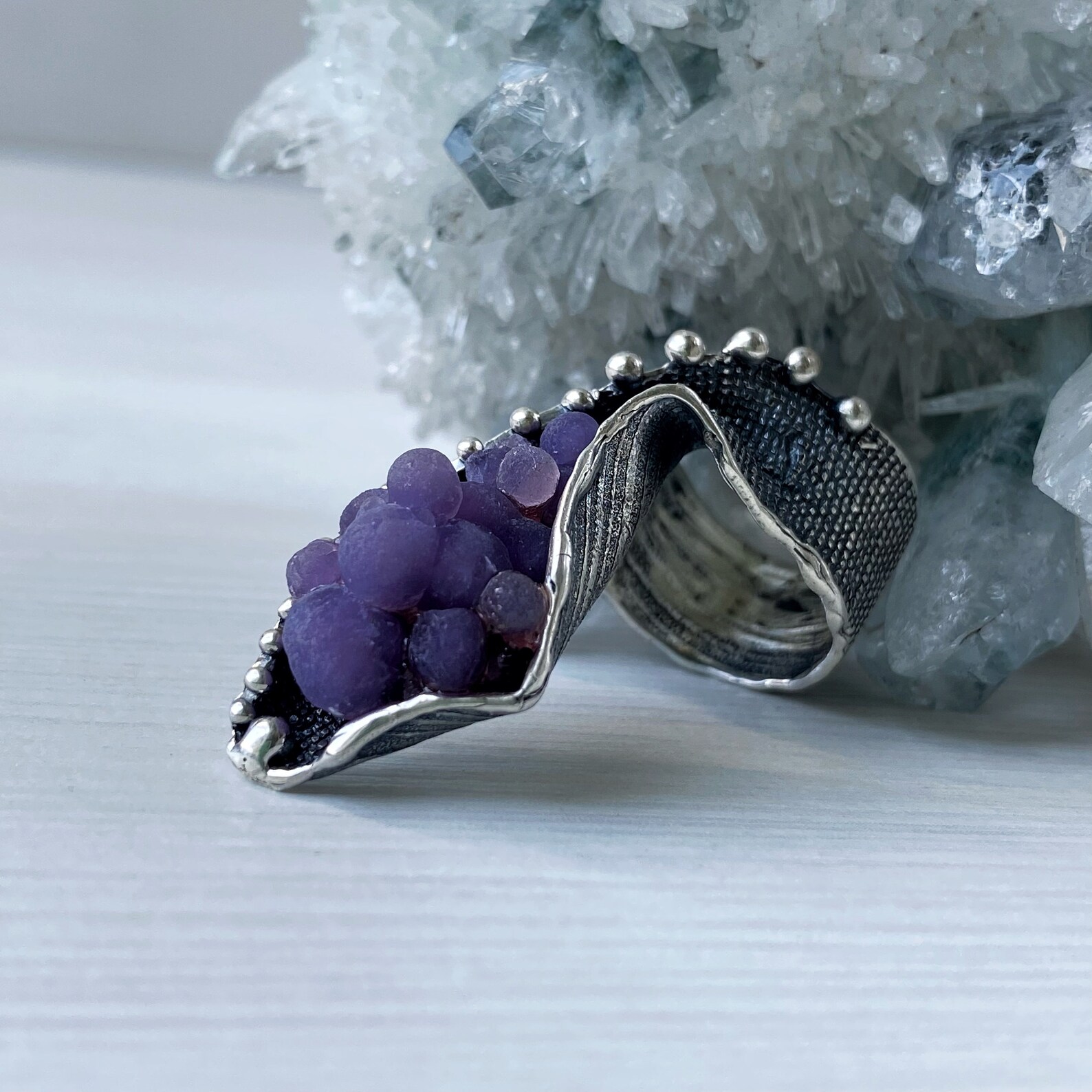 Large Ring in Sterling Silver With Grape Agate Stone Textured - Etsy
