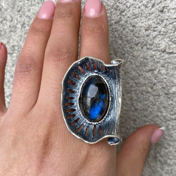 Large Labradorite ring sterling silver abstract ring women | Etsy