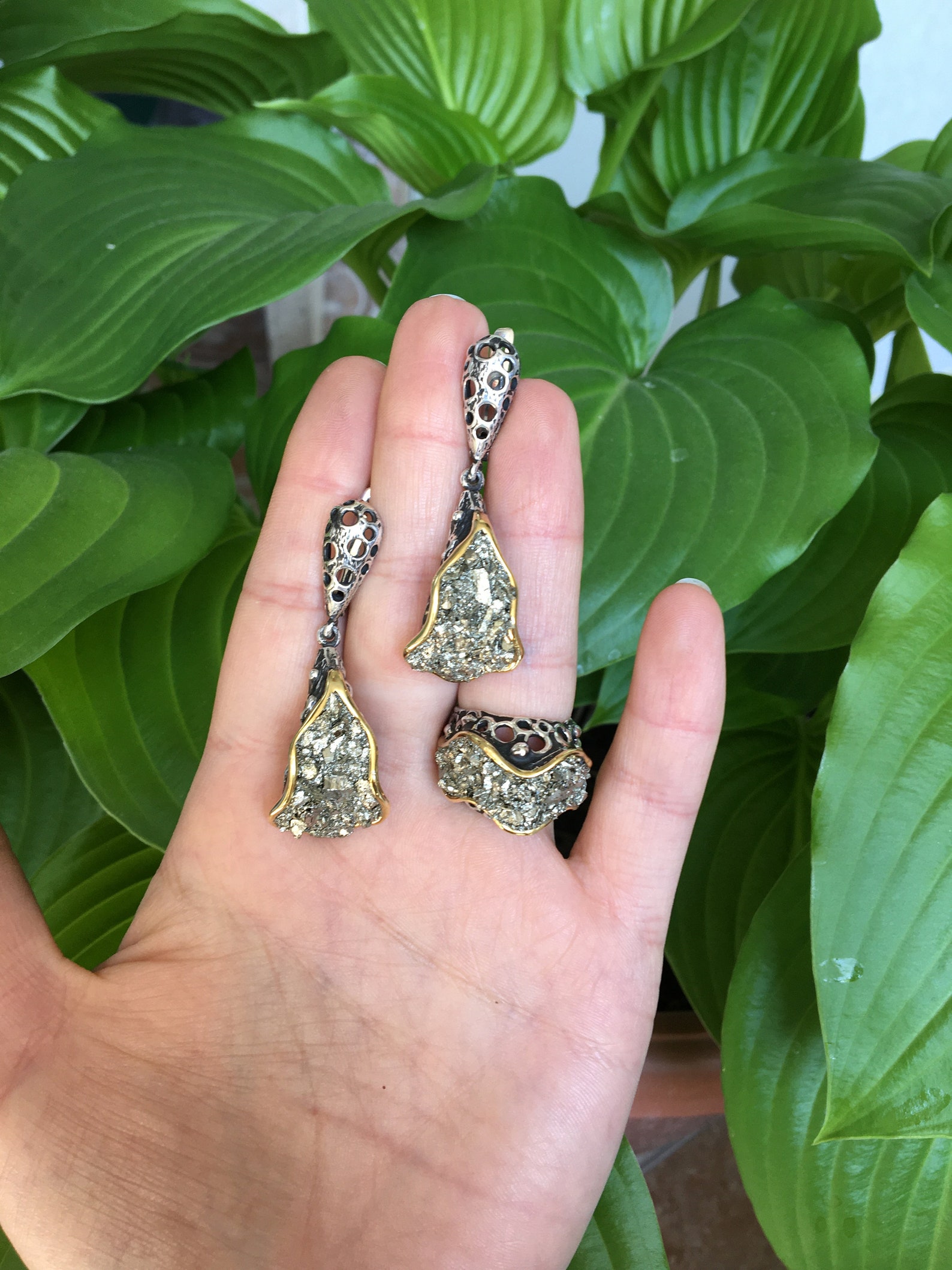 Raw pyrite silver jewelry sets for women pyrite crystal ring | Etsy