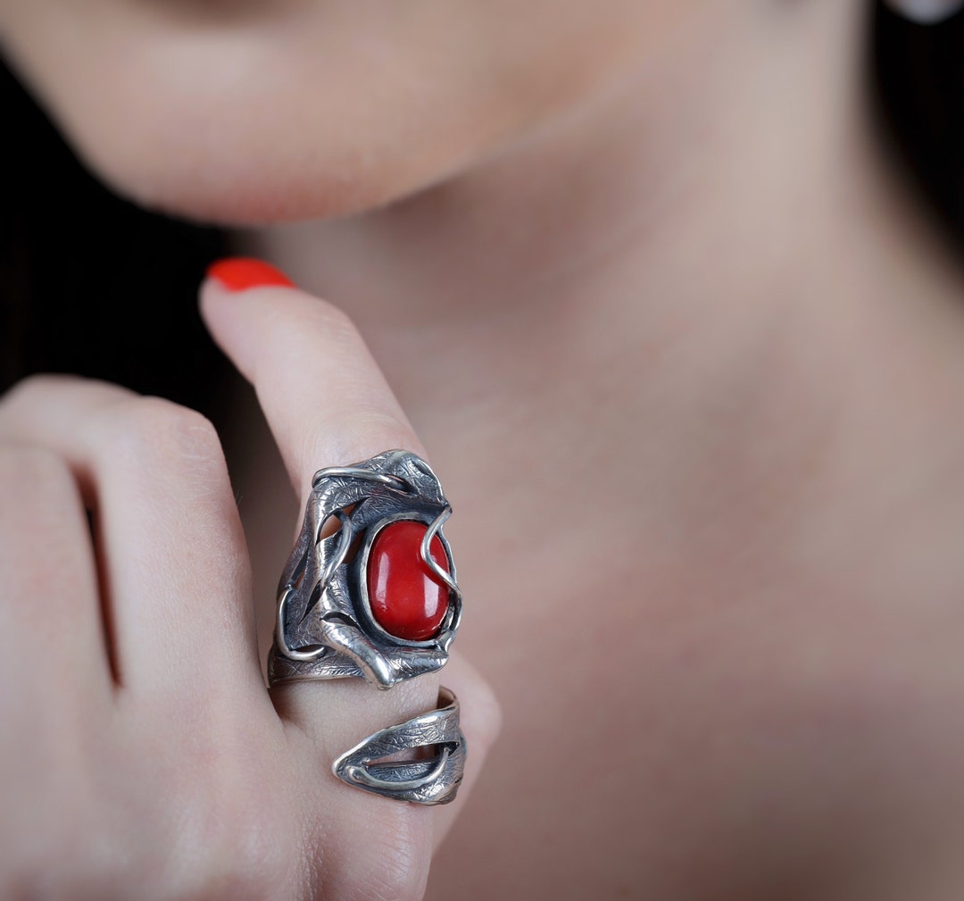 Adjustable Band Sterling Silver Red Coral Ring for Women, Red Gemstone ...