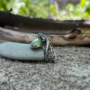 Large Gecko Ring With Turquoise, Green Gemstone Ring, Mesh Wide Band ...