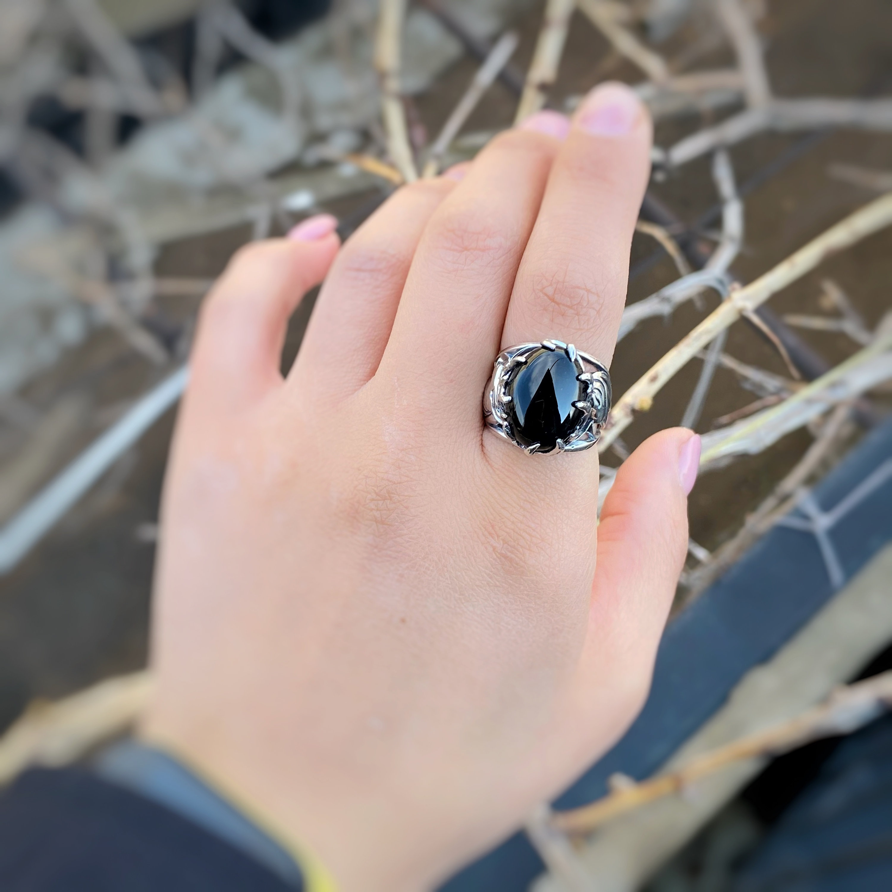 Deer ring solid silver 925 black obsidian ring antler ring | Etsy