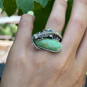 Large Gecko Ring With Turquoise, Green Gemstone Ring, Mesh Wide Band ...